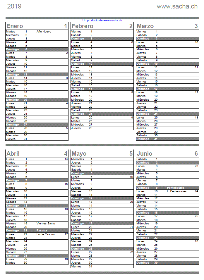 Calendario 2019 - 2020 - 2021 para imprimir pdf en español gratis