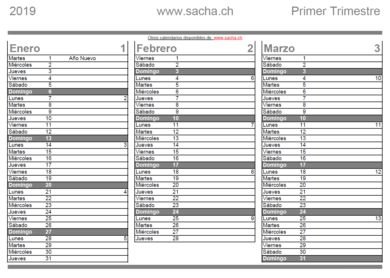 Calendario 2019 - 2020 - 2021 para imprimir pdf en español gratis