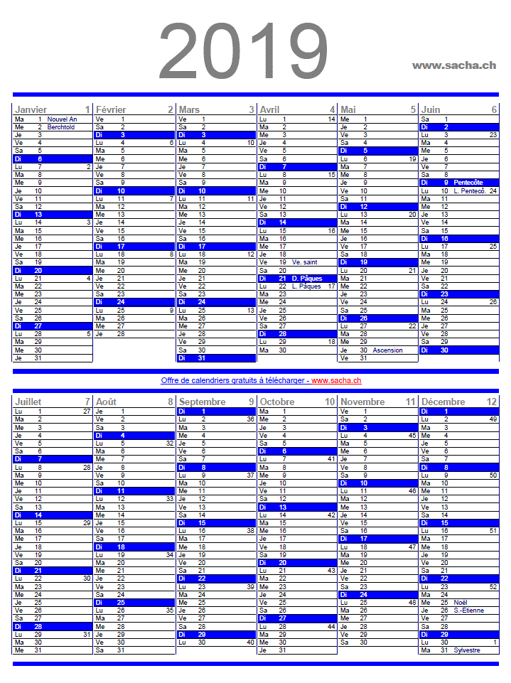 Calendrier à imprimer gratuit 2019 - 2020 - 2021